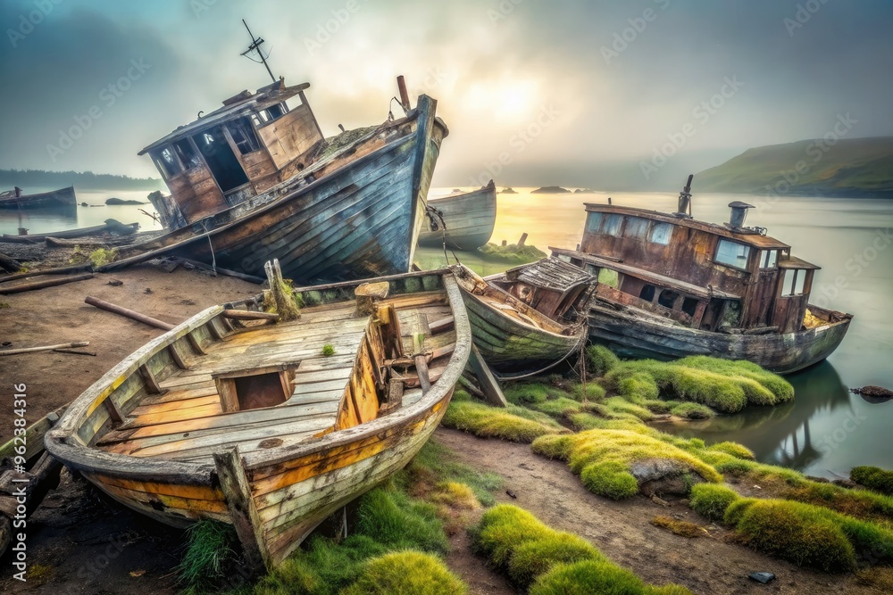 relics of old fiberglass boat graveyard scattered on windswept coast ...