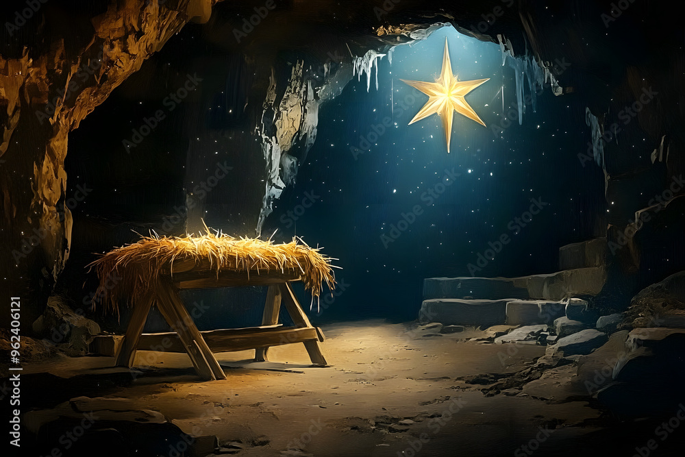 empty wooden manger in cave with star of bethlehem christian nativity ...