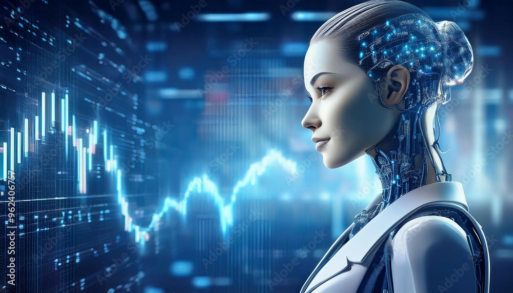 Side view of a female humanoid robot with visible circuits, standing ...