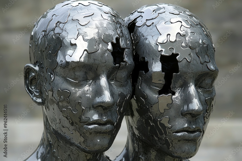 Neural density Neuro brain Silver statues with puzzle piece heads ...