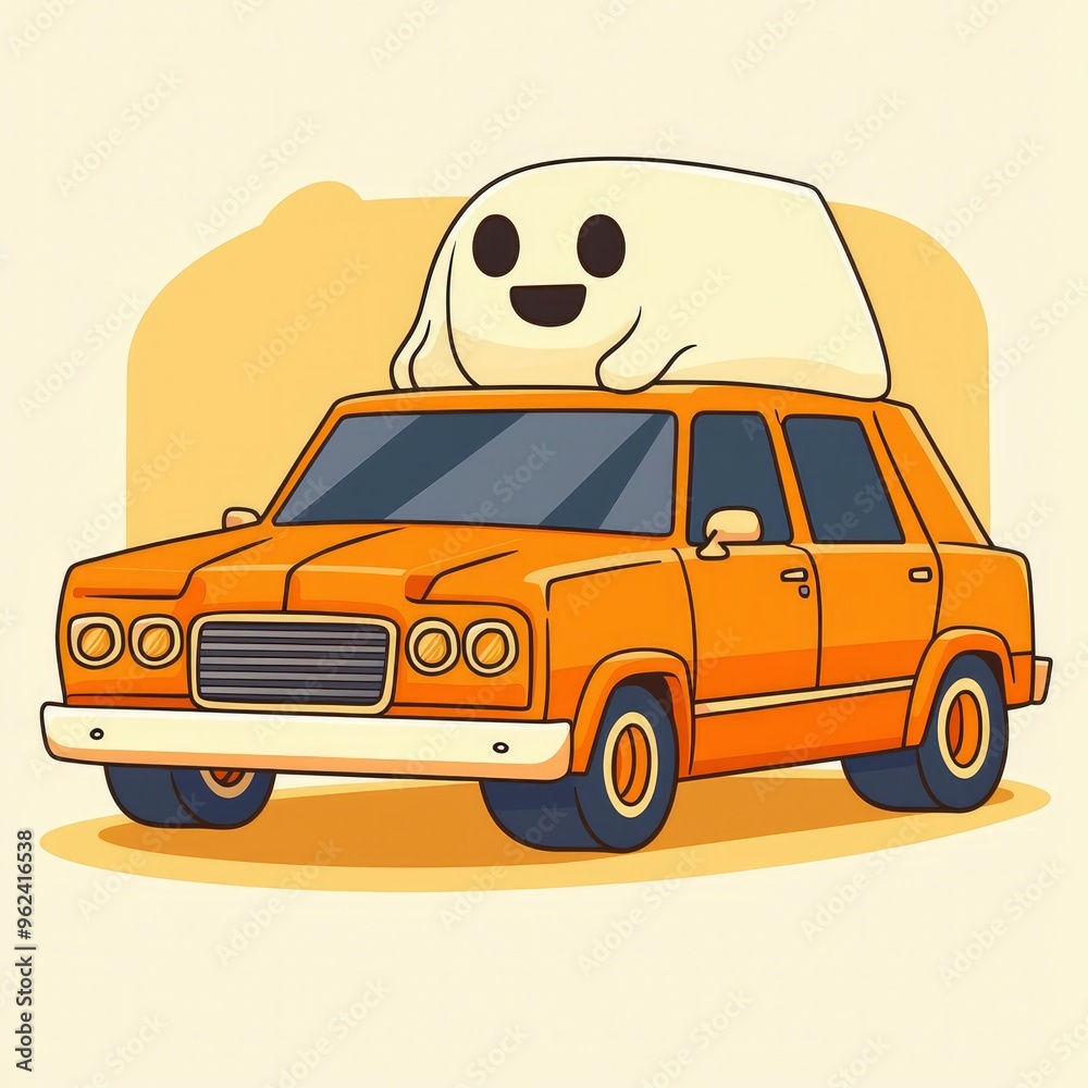 Cute Ghost Riding in an Orange Car Stock Illustration | Adobe Stock