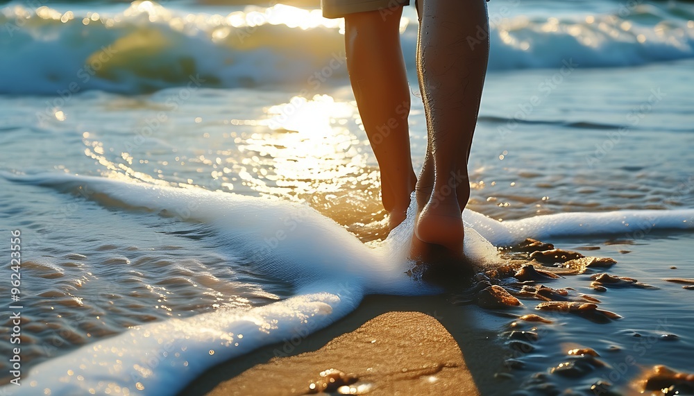 One foot is stepping on the beach, surrounded by rough waves, and ...