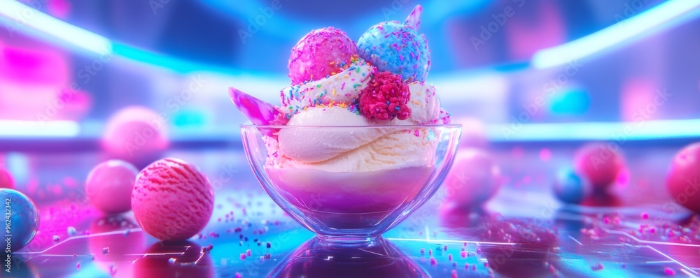 An ice cream with vibrant, futuristic toppings like glowing spheres and ...