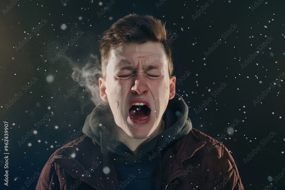 Health risk of sneeze is highlighted flying germs. This photograph ...