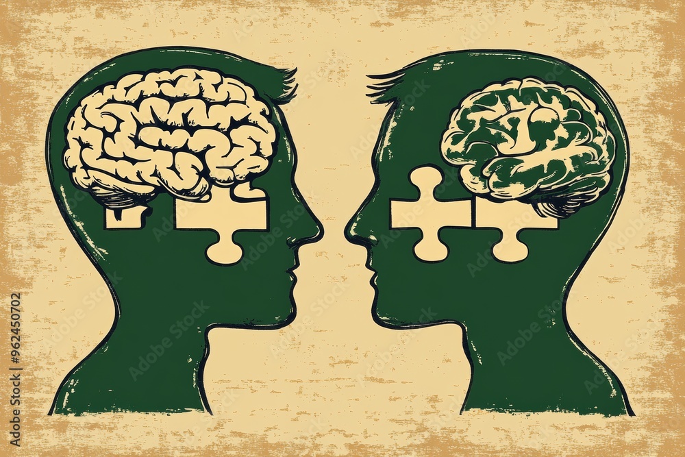 Brain structure Neural pathways Green silhouette heads with puzzle ...