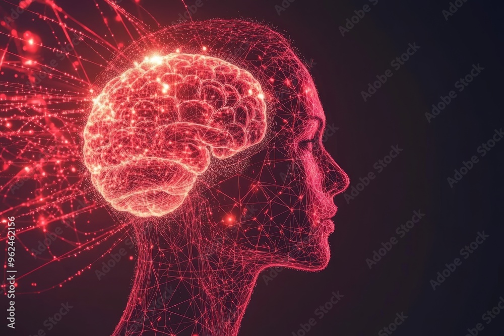 Mind tech Cerebral function Glowing pink and red neural brain network ...