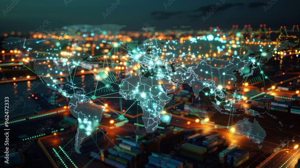 Image of an advanced logistics network seen through a holographic world ...