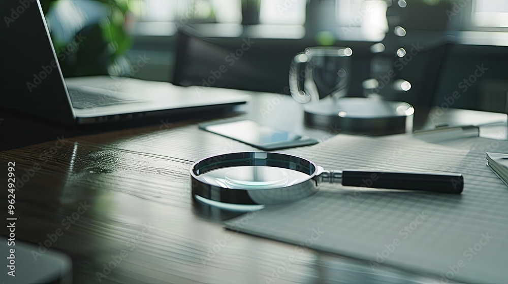 Minimalist desk setup with a magnifying glass centrally placed ...