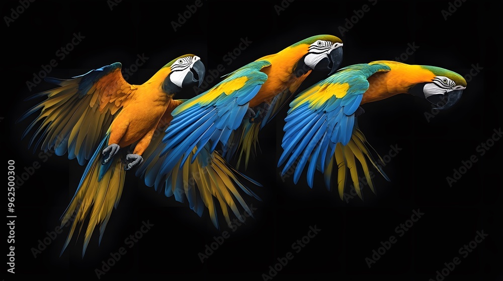 Blue-and-yellow Macaws, Flying on Black Background, Realistic Photo ...