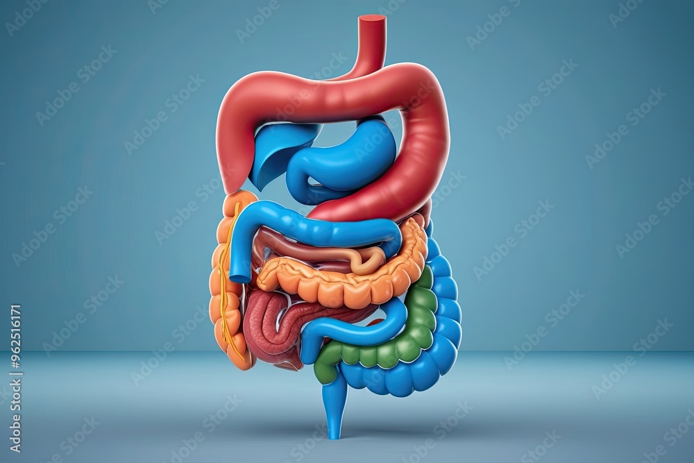 3D Illustration of Human Digestive System on Calm Blue Background for ...
