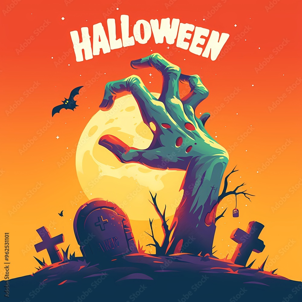 Greeting card with creepy dirty zombie hand rising on night evil ...