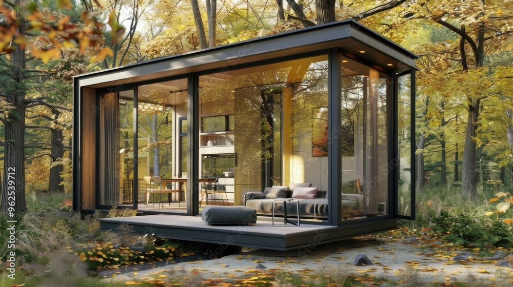 Modern prefab tiny home with glass walls and a cozy interior, blending ...