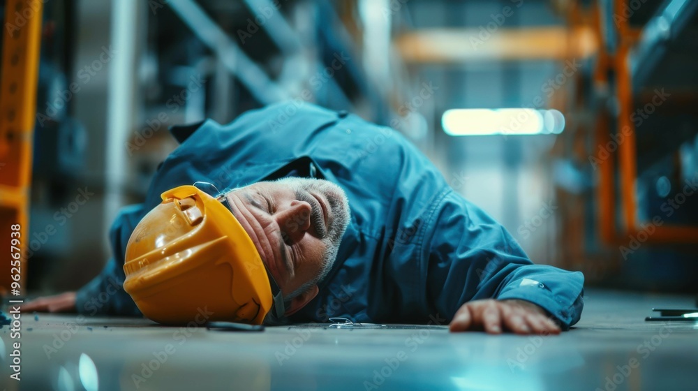 Man injured at work, lying unconscious on the floor after a head injury ...