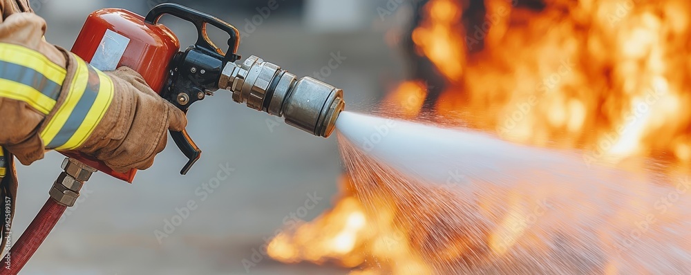 Firefighter spraying foam from a fire extinguisher onto blazing flames ...