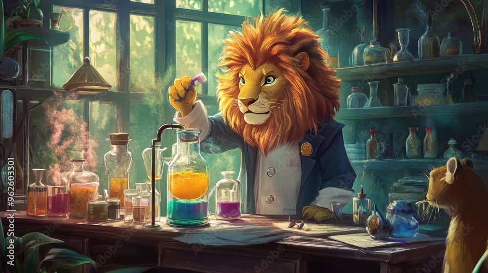 A cartoon lion dressed as a scientist, mixing colorful potions in a ...