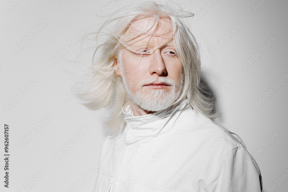 Old man with long white hair and beard, dressed in a white garment ...