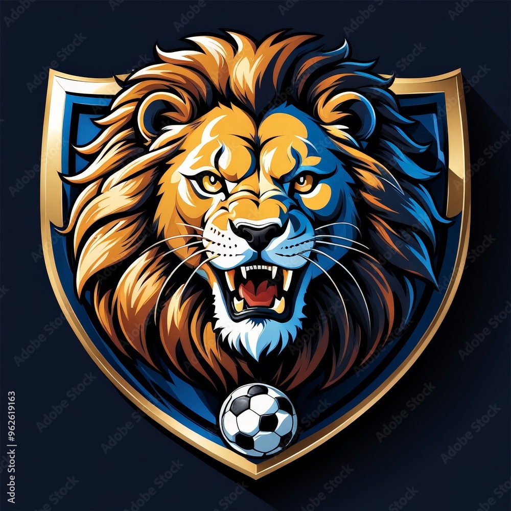 A roaring lion head with a soccer ball in front of a blue shield ...