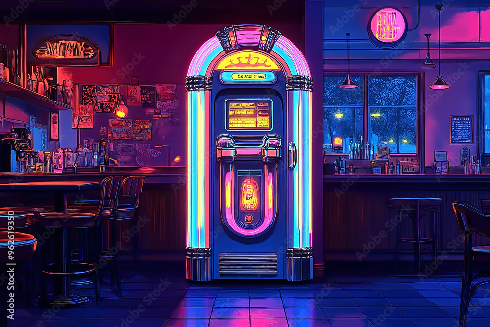 Colorful neon psychedelic cartoon illustration of a 1980s' jukebox in a ...