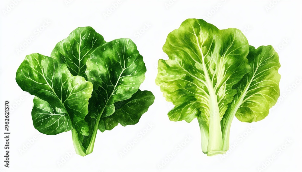 Romaine lettuce clipart, leafy vegetable element, watercolor illustration, sharp details, green ...
