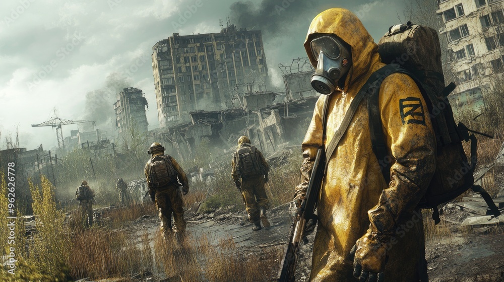Survivors clad in biohazard suits and gas masks wander through the ...
