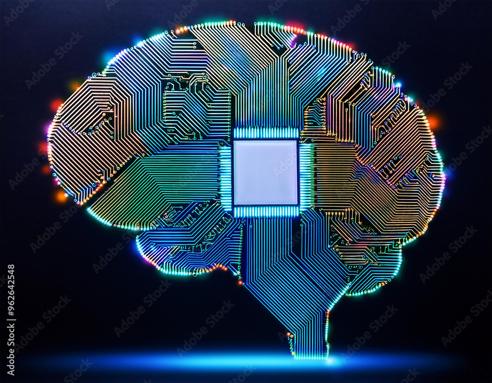brain composed of a circuit of technological chips with light and ...