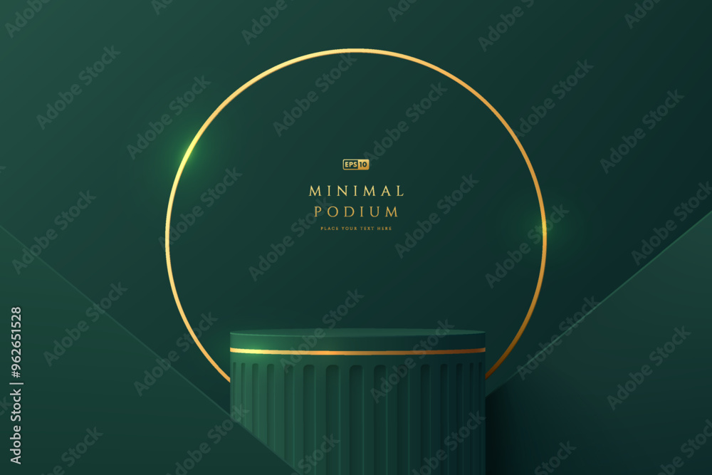 3D dark green round podium and gold stripes, Golden ring background ...