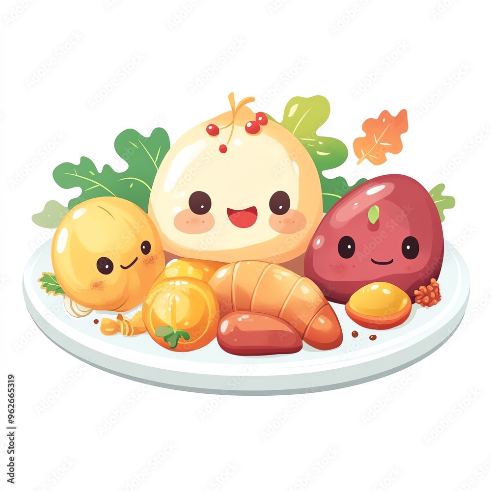 A kawaii Thanksgiving dinner plate clipart, cute food characters ...