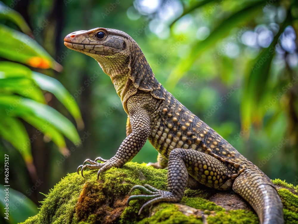 A rare, threatened earless monitor lizard with scaly, mottled skin and ...