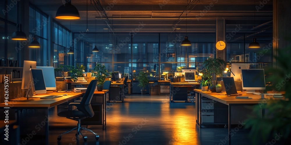 professional night time office space with modern workstation units and ...