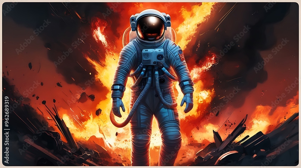 Infected Astronaut on Fire in Apocalyptic Sci-Fi Setting at Night ...