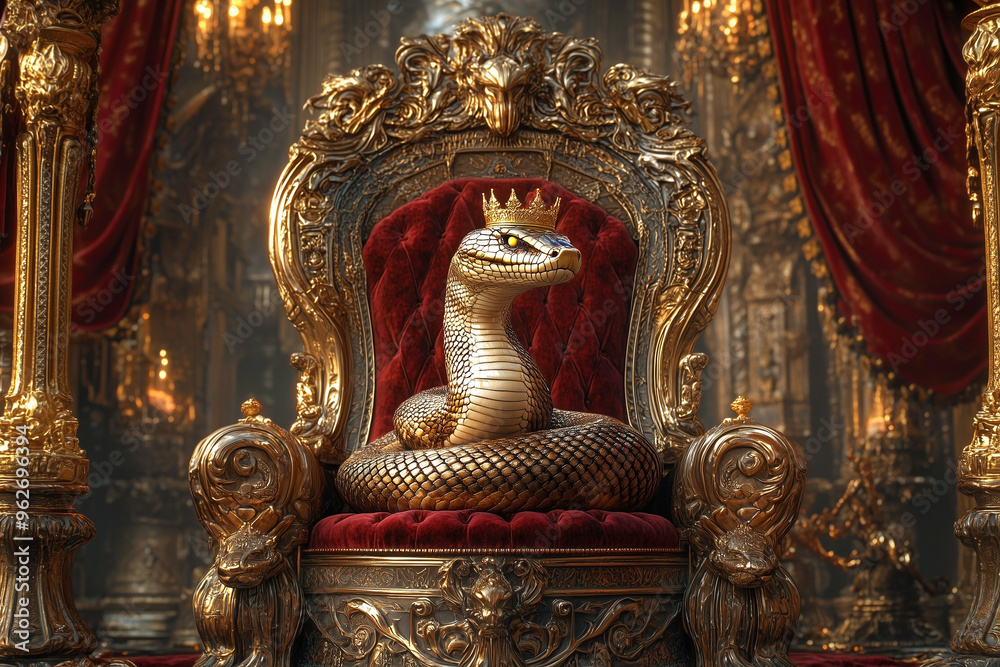 King of Golden Cobra wearing golden crown sitting on a grand ornate ...