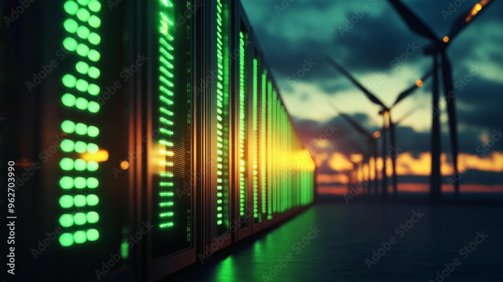 Renewable energy data center with glowing green lights powered by wind ...