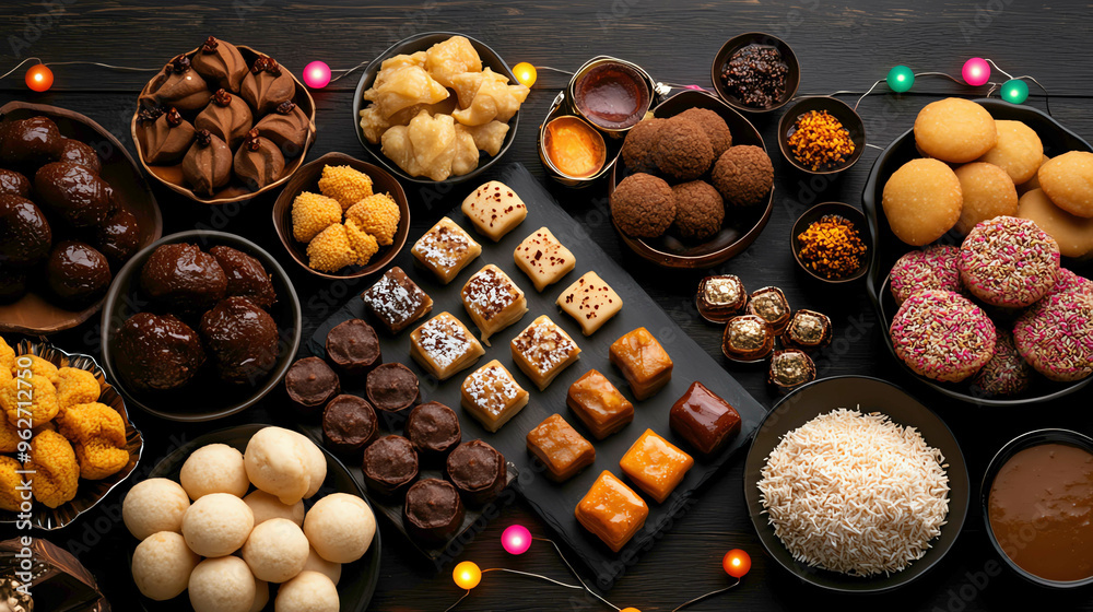 A spread of handmade Diwali sweets, including ladoos, gulab jamun, and ...