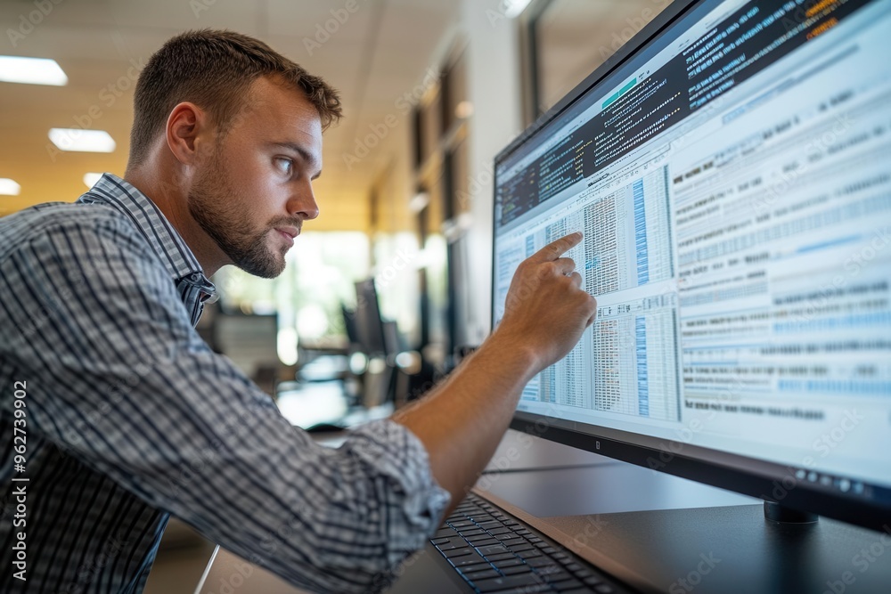 IT manager reviewing system logs on a large desktop screen, system performance review, IT ...