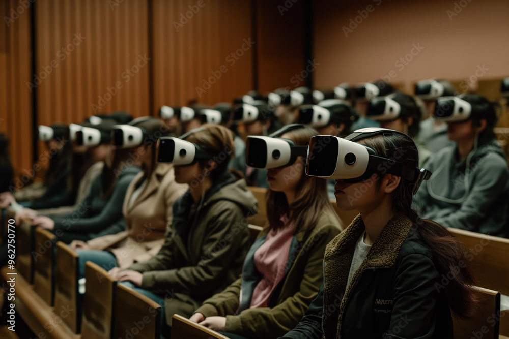 Students wear VR headsets in a lecture hall with wooden floor and walls ...