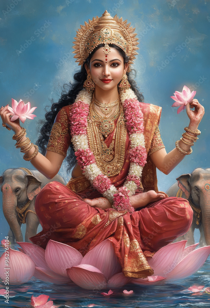 Goddess Devi sitting on a lotus, with four arms and an elephant behind ...