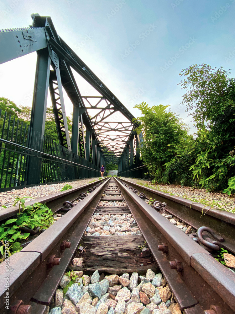 Symmetrical Perspective of Singapore Historic Iron Railway Bridge with ...