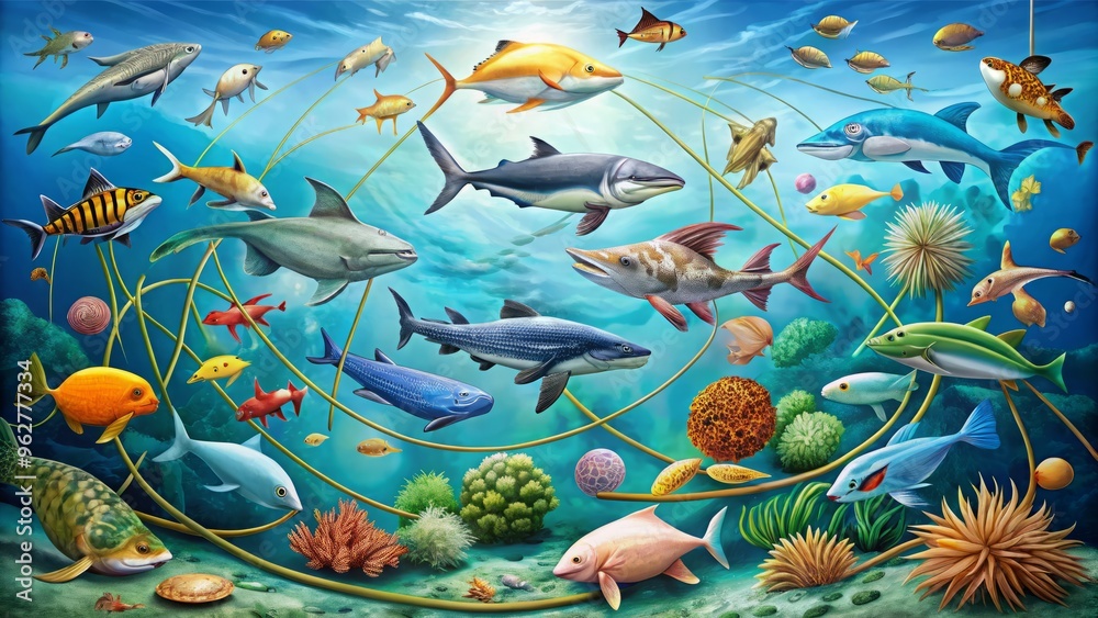 Colorful illustration of an aquatic food web diagram showing ...