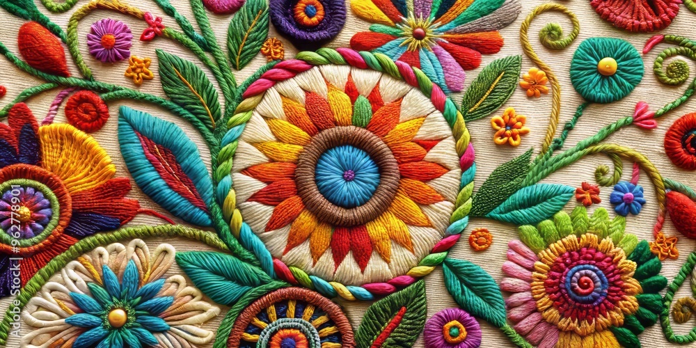 Digital illustration of intricate, hand-stitched embroidery patterns ...