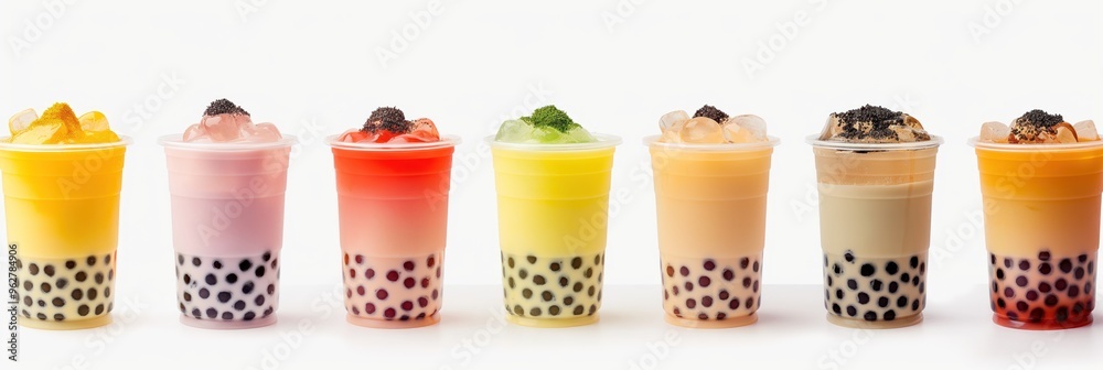 Assorted tapioca bubble tea flavors in various colors on white ...