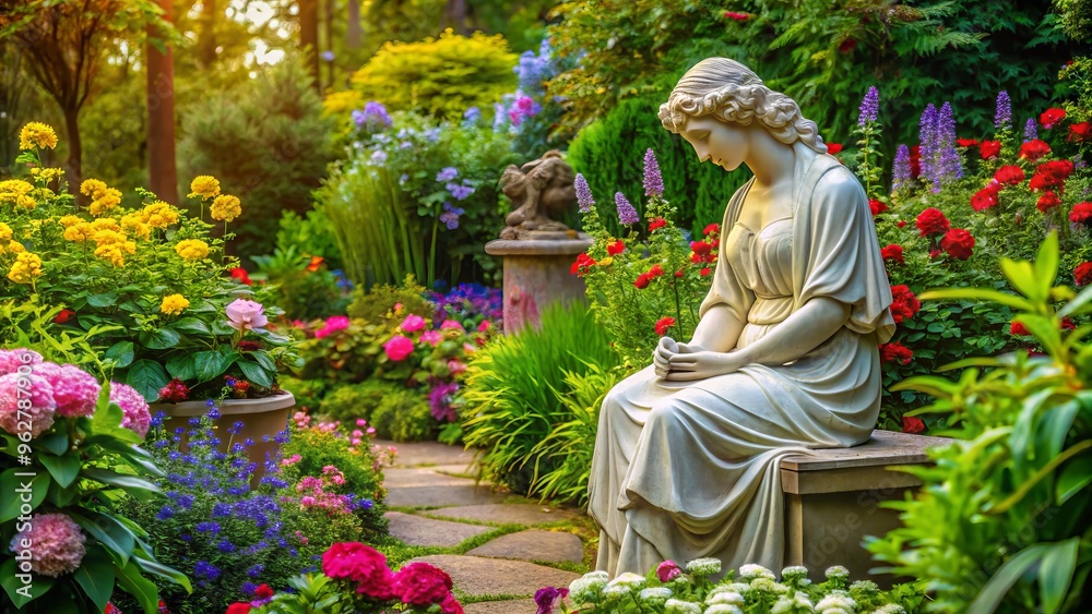 Serenely lit statue of a gentle figure surrounded by lush greenery and ...