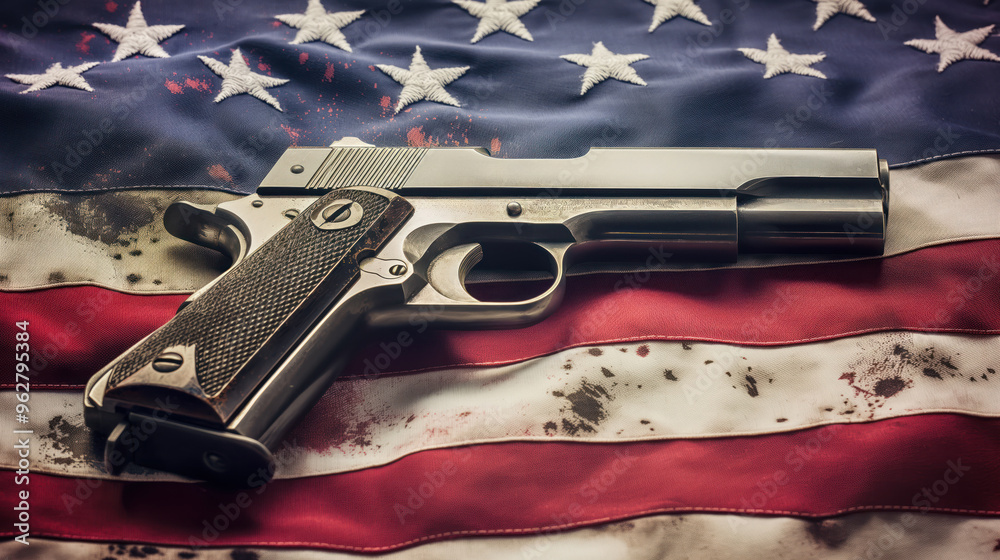 Vintage firearm rests on a worn American flag, symbolizing complex ...