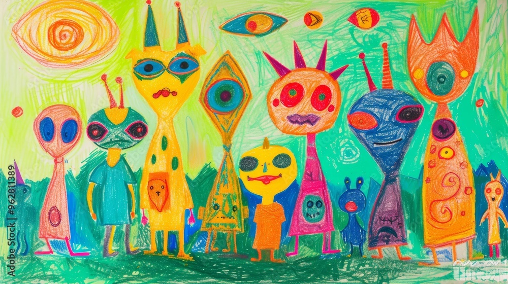 A bright crayon drawing depicting various aliens with unique features ...