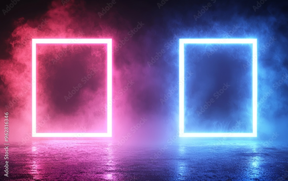 Three illuminated squares in a neon haze side view visualizing the ...
