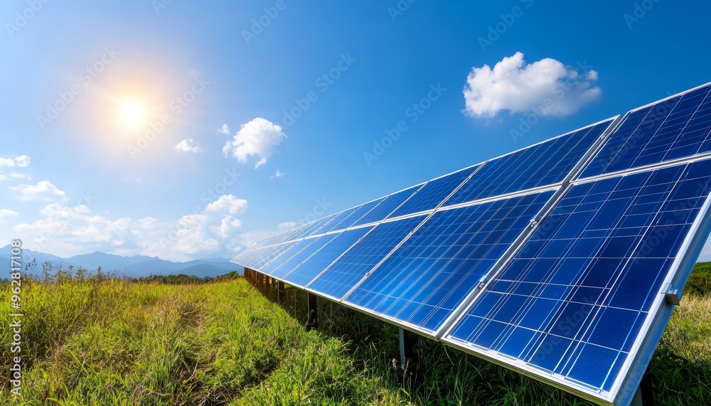 Solar panels capture sunlight in a green field, promoting renewable energy and sustainable ...