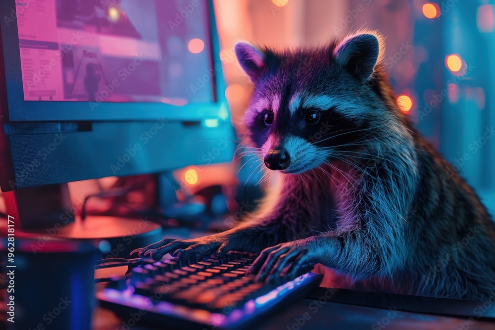 Raccoon sits on floor near computer monitor displaying colorful website ...
