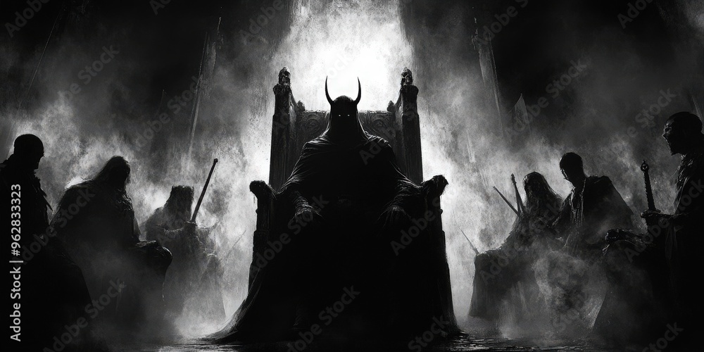 Dark lord sits on throne surrounded by his retinue. Myths and legends ...
