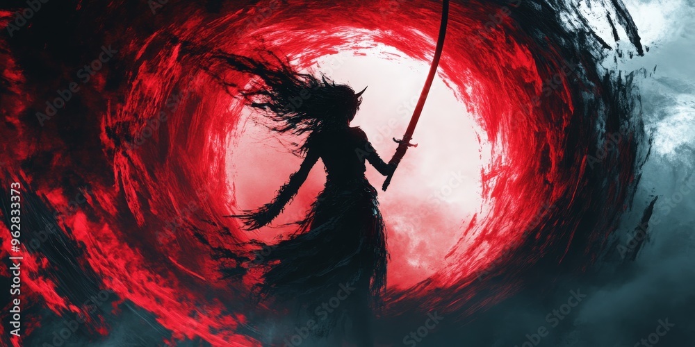 Devil woman warrior waving sword. Goddess of war. Horror fantasy ...
