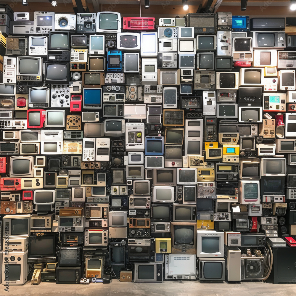 Vast collection of retro television sets arranged on a wall ...