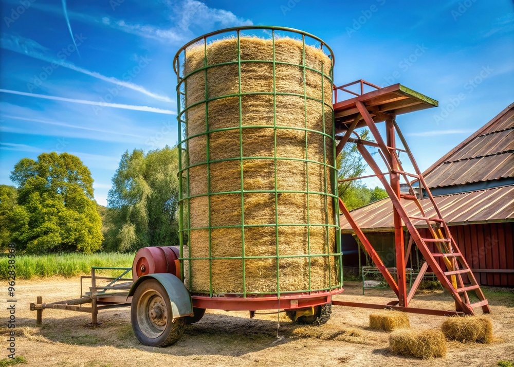 A sturdy, cylindrical structure with a rotating wheel and metal mesh ...